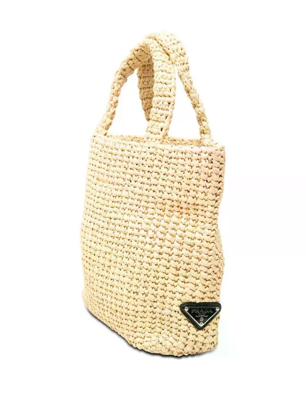 Prada Small Raffia Effect Crochet Embroidered Logo Tote Bag