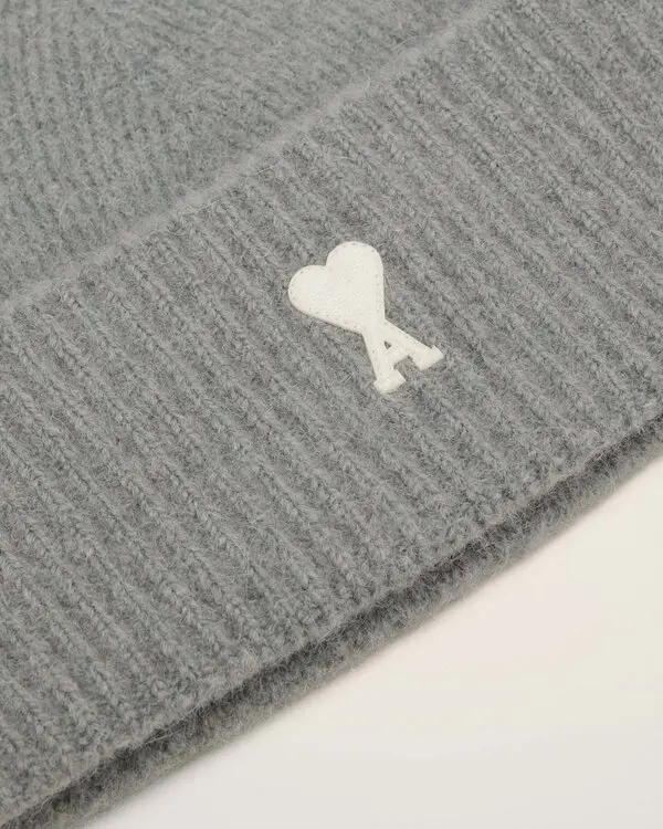 AMI Paris Logo Embroidered Ribbed Beanie - Gray