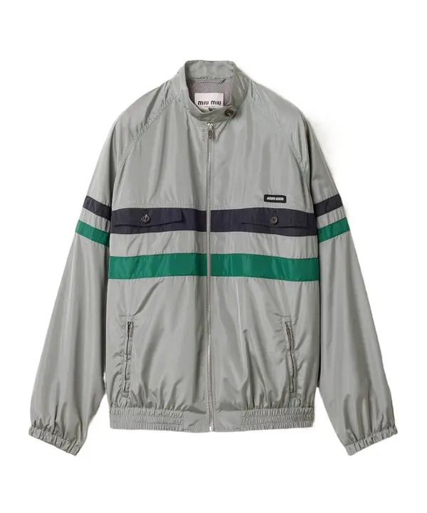Miu Miu Paneled Zip-up Jacket With Logo Patch - Lead Ash