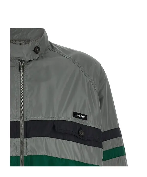 Miu Miu Paneled Zip-up Jacket With Logo Patch - Lead Ash
