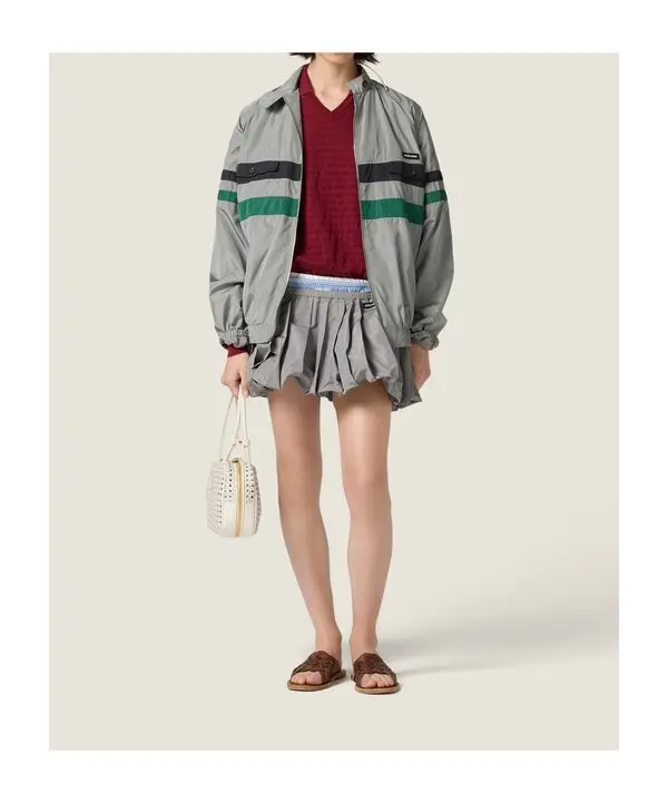 Miu Miu Paneled Zip-up Jacket With Logo Patch - Lead Ash