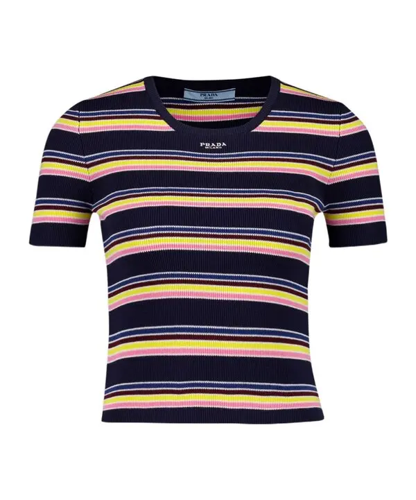 Prada Striped Ribbed Crewneck Top