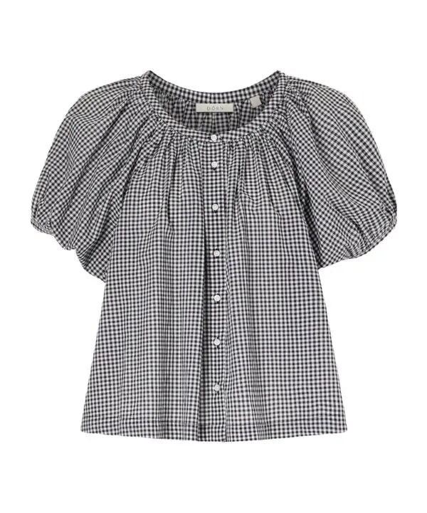 DÔEN And White Gingham Puff Sleeve Cotton Blouse - Black