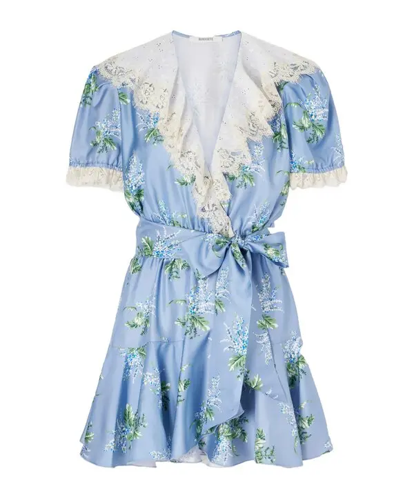 RODARTE Ruffled Lace-trimmed Floral-print Silk-twill Mini Dress - Blue