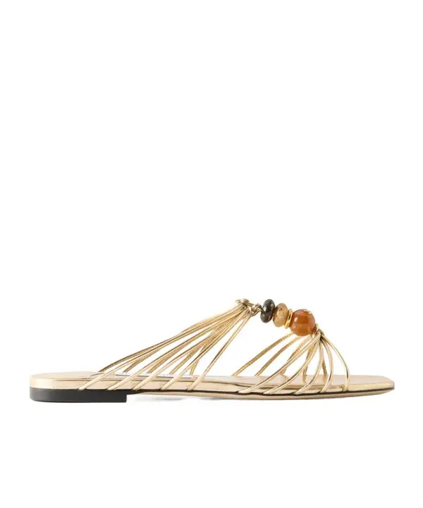 JIMMY CHOO Gold Tone Embellished Flat Sandals - Nude