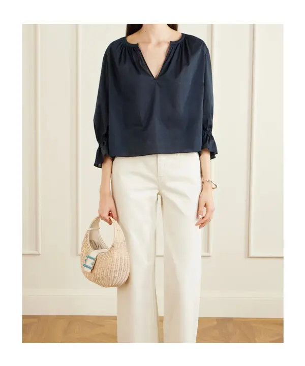 FRAME The Poet Gathered Ruffled-cuff Blouse - Navy