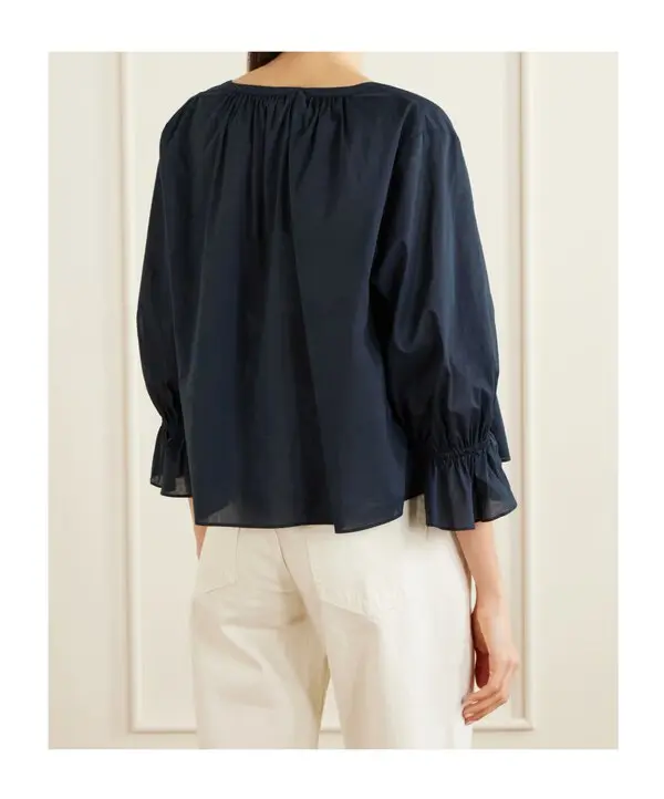 FRAME The Poet Gathered Ruffled-cuff Blouse - Navy