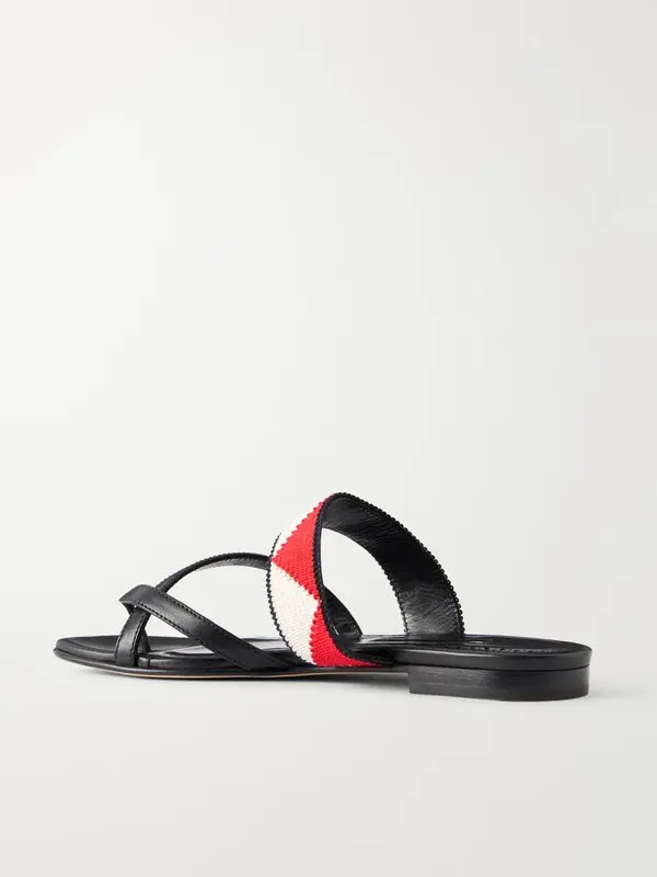 Manolo Blahnik Leather Flat Slide Sandals With Embroidered Detail