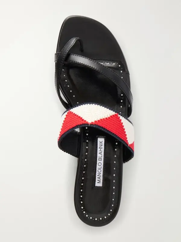 Manolo Blahnik Leather Flat Slide Sandals With Embroidered Detail