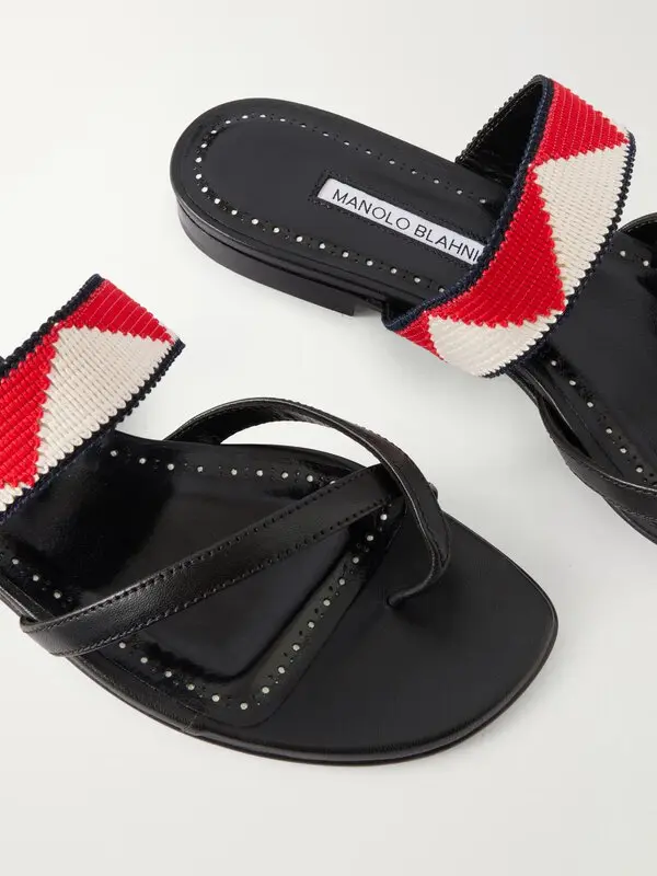 Manolo Blahnik Leather Flat Slide Sandals With Embroidered Detail