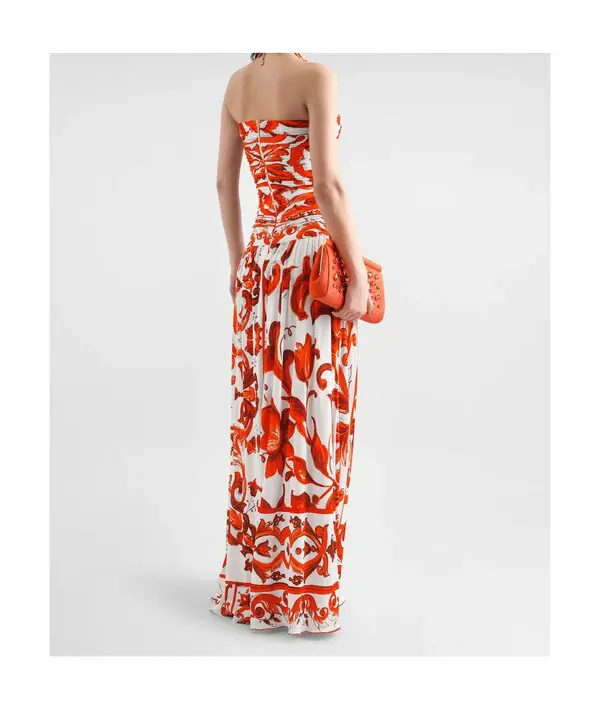 Dolce & Gabbana Majolica Print Organza Strapless Maxi Dress - Red