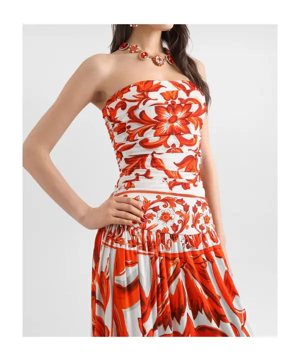 Dolce & Gabbana Majolica Print Organza Strapless Maxi Dress - Red