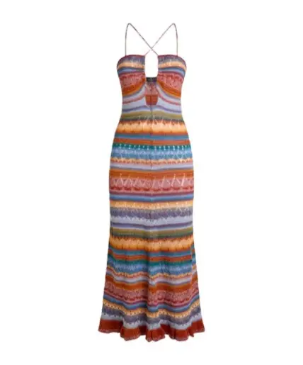 Etro Long Knit Cotton Dress With Stripes And Openwork