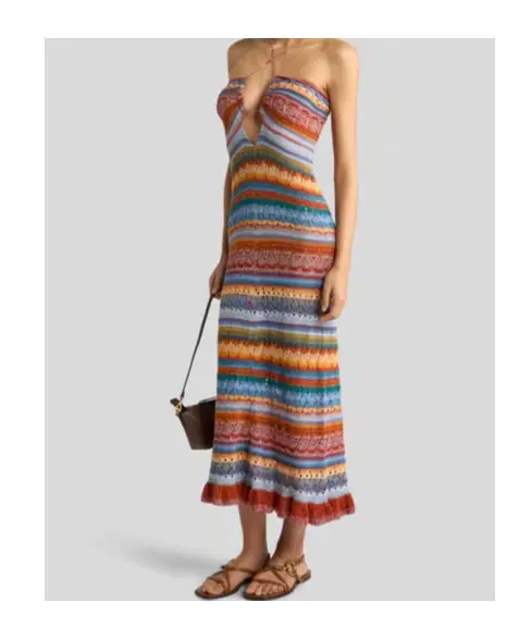 Etro Long Knit Cotton Dress With Stripes And Openwork
