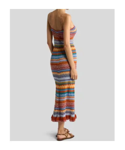 Etro Long Knit Cotton Dress With Stripes And Openwork