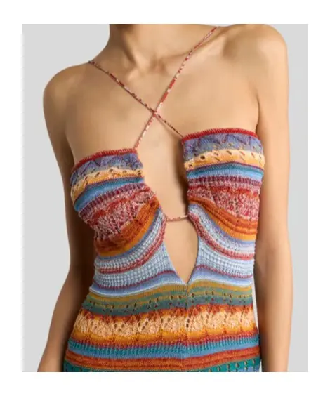 Etro Long Knit Cotton Dress With Stripes And Openwork