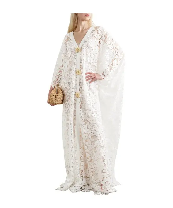 Oscar De La Renta Embellished Guipure Lace Kaftan Gown