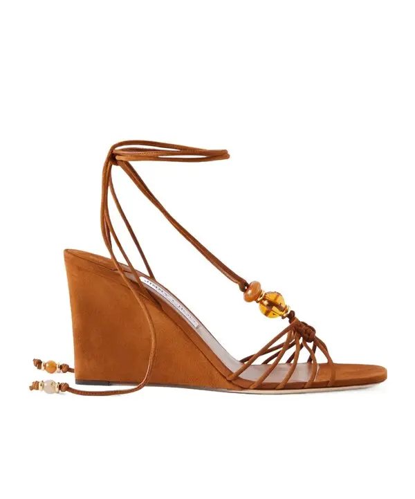 JIMMY CHOO Lova 85 Embellished Suede Wedge Sandals - Brown
