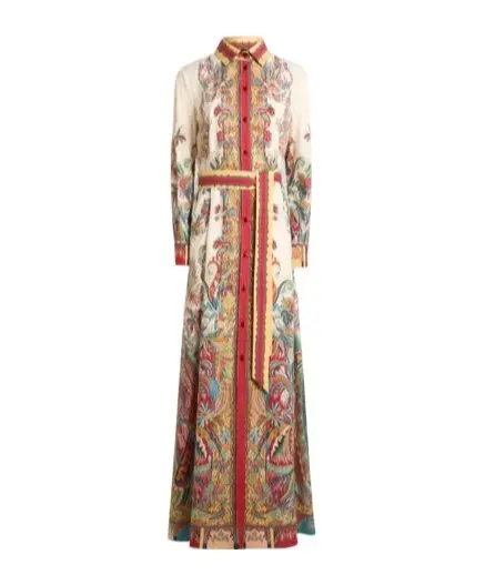 Etro Long Cotton Shirt Dress With Placed Paisley Foliage Print - Multicolor