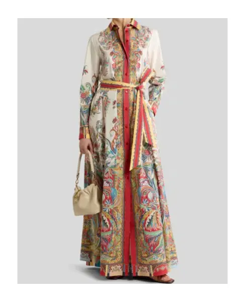 Etro Long Cotton Shirt Dress With Placed Paisley Foliage Print - Multicolor