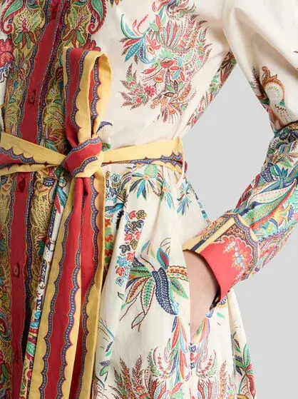 Etro Long Cotton Shirt Dress With Placed Paisley Foliage Print - Multicolor