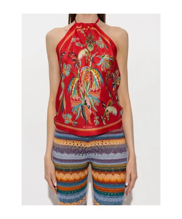 Etro Halterneck Silk Top With Paisley Foliage Motif