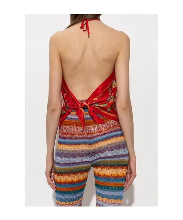 Etro Halterneck Silk Top With Paisley Foliage Motif