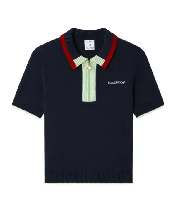 Casablanca Navy Merino Short Sleeve Polo Shirt
