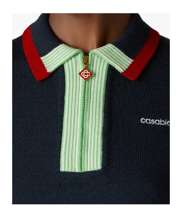 Casablanca Navy Merino Short Sleeve Polo Shirt