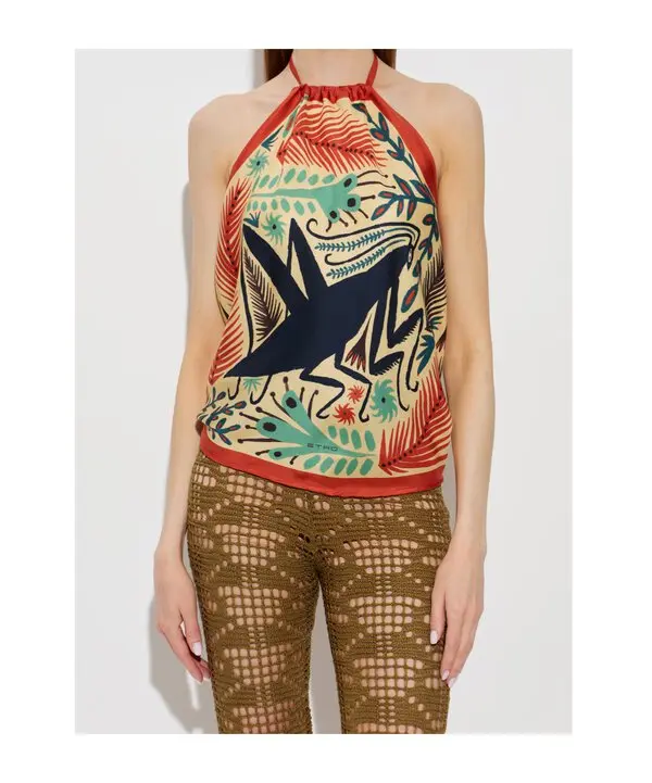 Etro Silk Halterneck Top With Artistic Print And Trim Detail