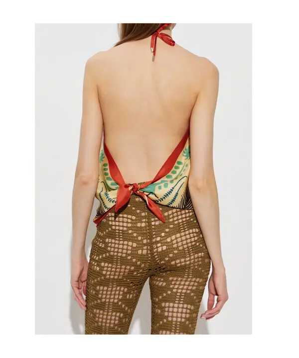 Etro Silk Halterneck Top With Artistic Print And Trim Detail