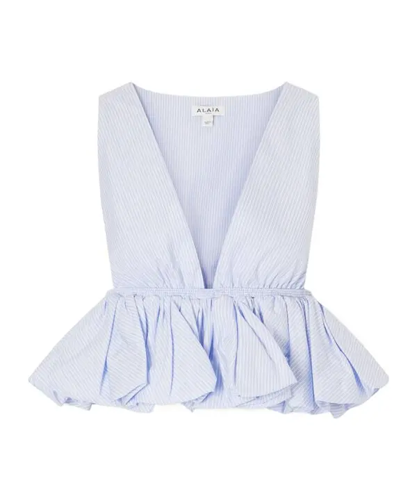 Alaïa Cropped Striped Cotton-poplin Blouse With Ruffled Hem - White