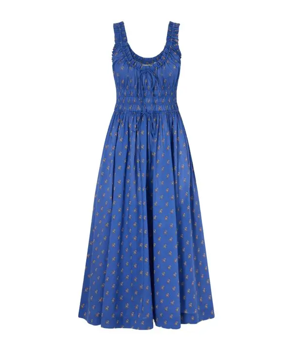DÔEN Emmaretta Shirred Floral-print Cotton Midi Dress - Blue