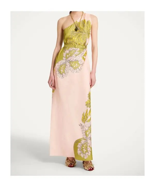 La DoubleJ Roy Printed One-shoulder Maxi Dress With Belt - Nude
