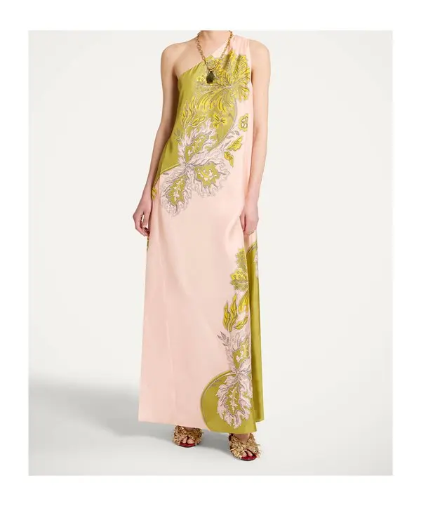 La DoubleJ Roy Printed One-shoulder Maxi Dress With Belt - Nude
