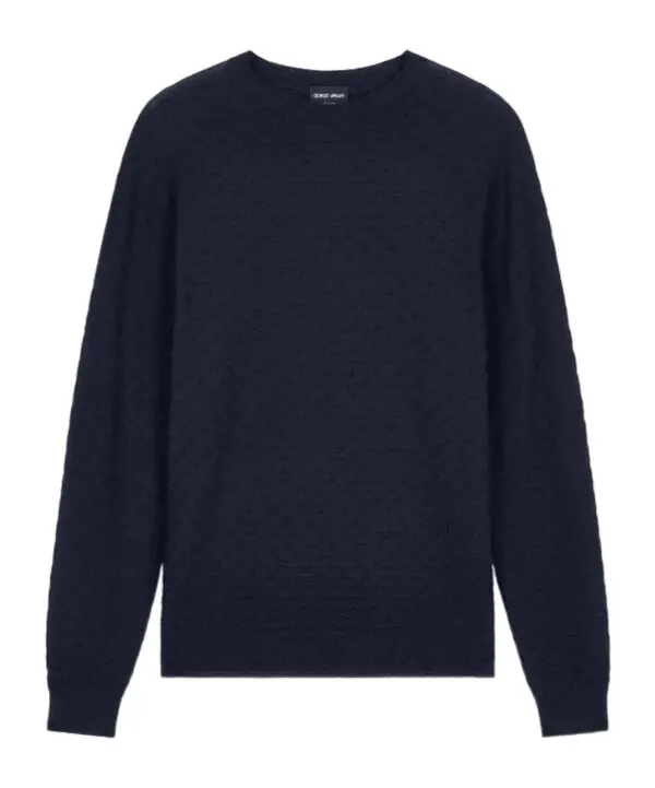 Giorgio Armani Virgin Wool Sweater With Round Neck And Diamond Pattern - Navy Blue