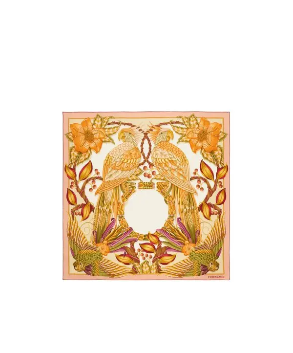 FERRAGAMO Parrots Print Silk Scarf - Ivory/orange