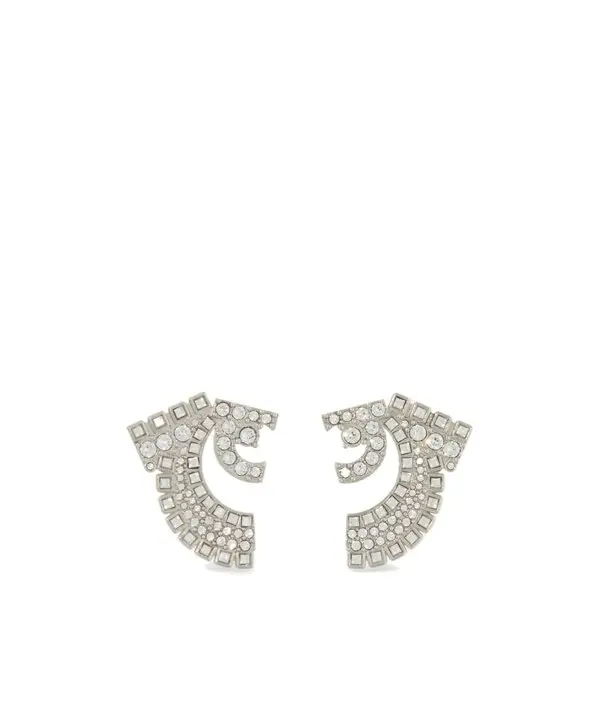 FERRAGAMO Crystal Embellished Deconstructed Gancio Stud Earrings - Silver