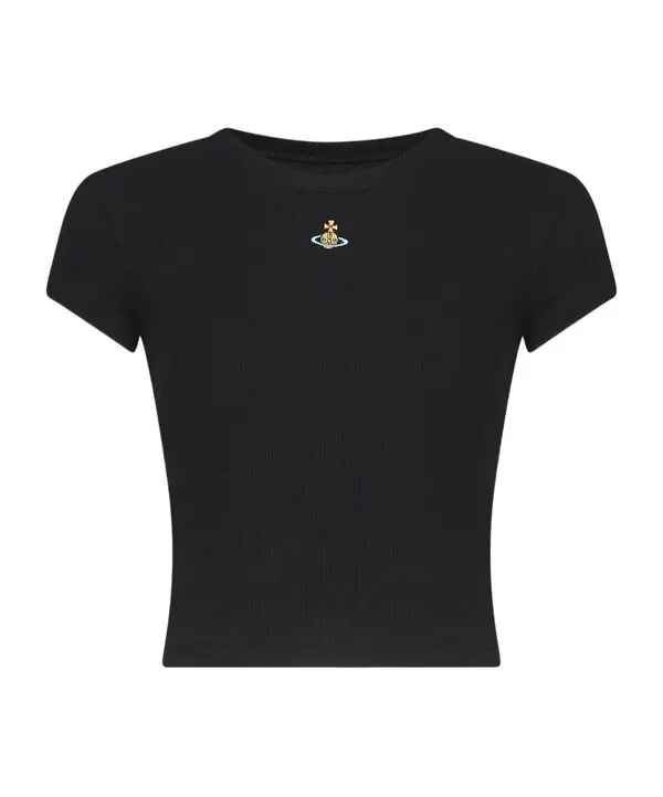 VIVIENNE WESTWOOD Cropped Ribbed T-shirt With Orb Embroidery - Black