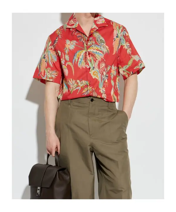 Etro Cotton Bowling Shirt With Placed Parrot And Palm Tree Print
