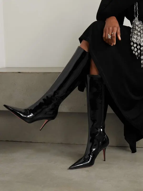 Amina Muaddi Patent Leather Pointed-toe Stiletto Knee-high Boots