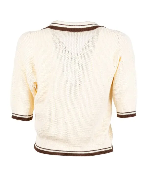 Marella V-neck Striped Knit Polo Collar Top - White