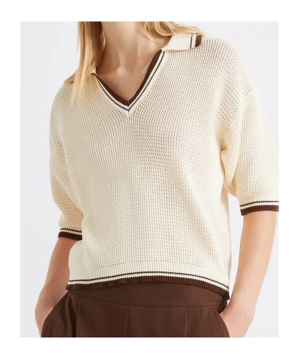 Marella V-neck Striped Knit Polo Collar Top - White