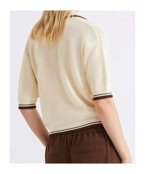 Marella V-neck Striped Knit Polo Collar Top - White