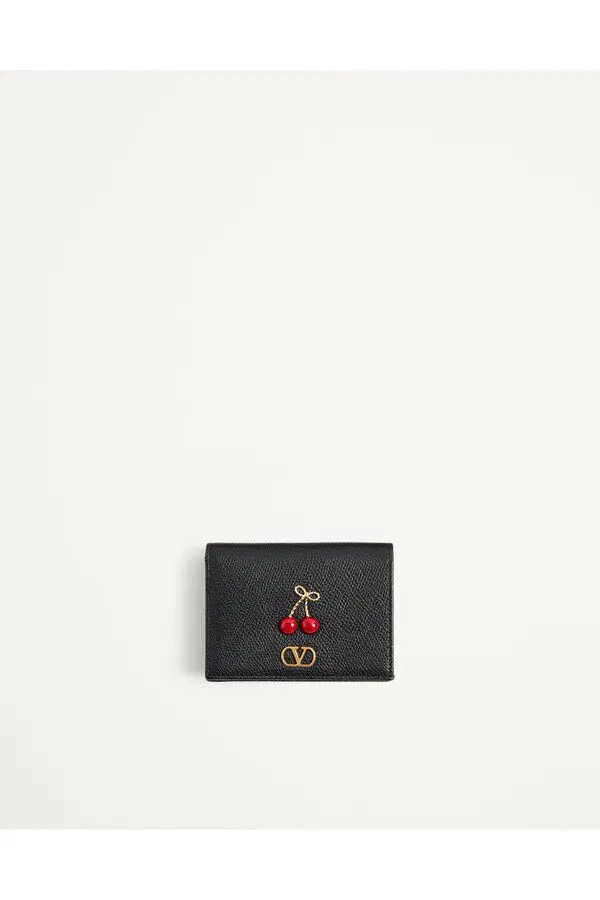 Valentino Garavani Cherryfic Wallet In Grainy Calfskin - Black