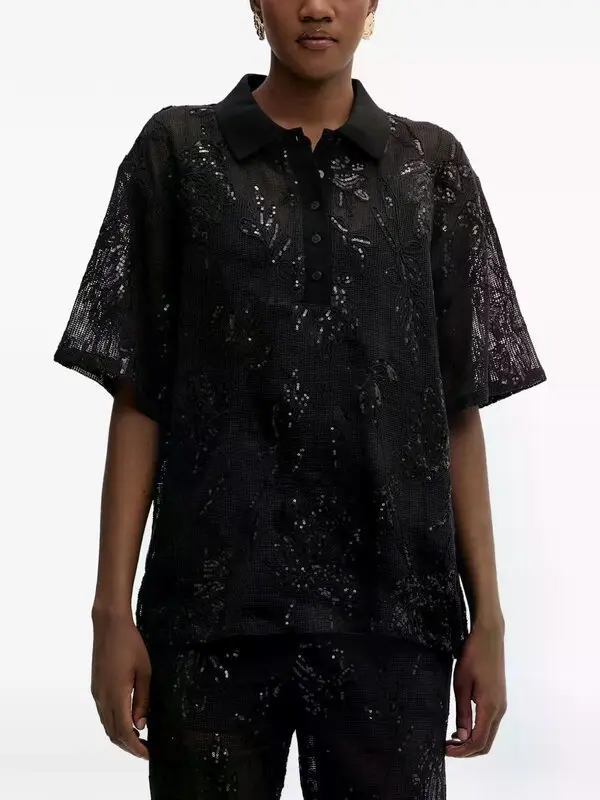 ISABELLE BLANCHE Sequin Embellished Floral Lace Polo Shirt - Black