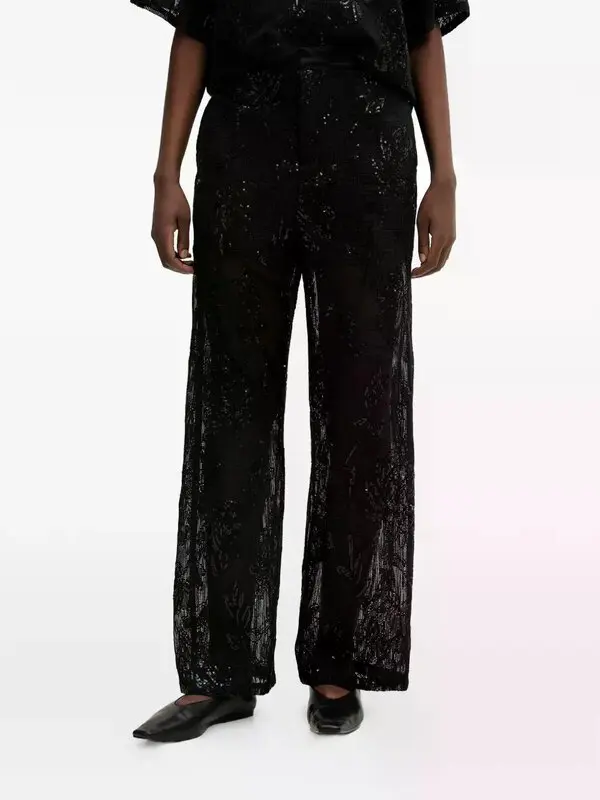 ISABELLE BLANCHE Sequin Embellished Floral Embroidered Trousers - Black