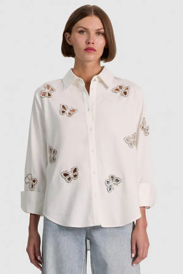 Alice + Olivia Finely Embellished Cutout Button-down Shirt