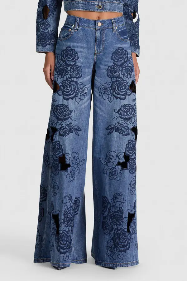 Alice + Olivia Sidney Laser-cut Floral Embroidered Wide-leg Jeans - Blue