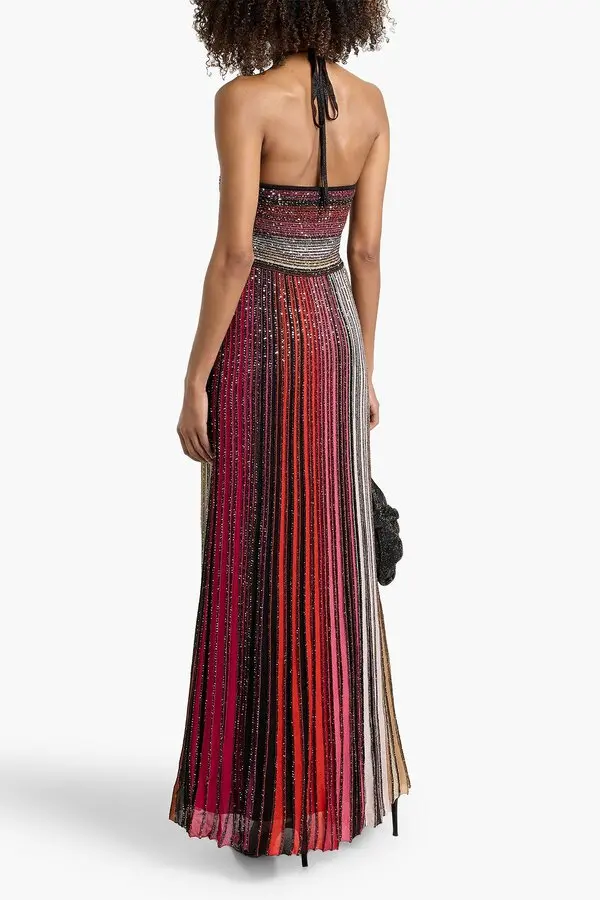 Missoni Sequin-embellished Striped Ribbed-knit Halterneck Maxi Dress